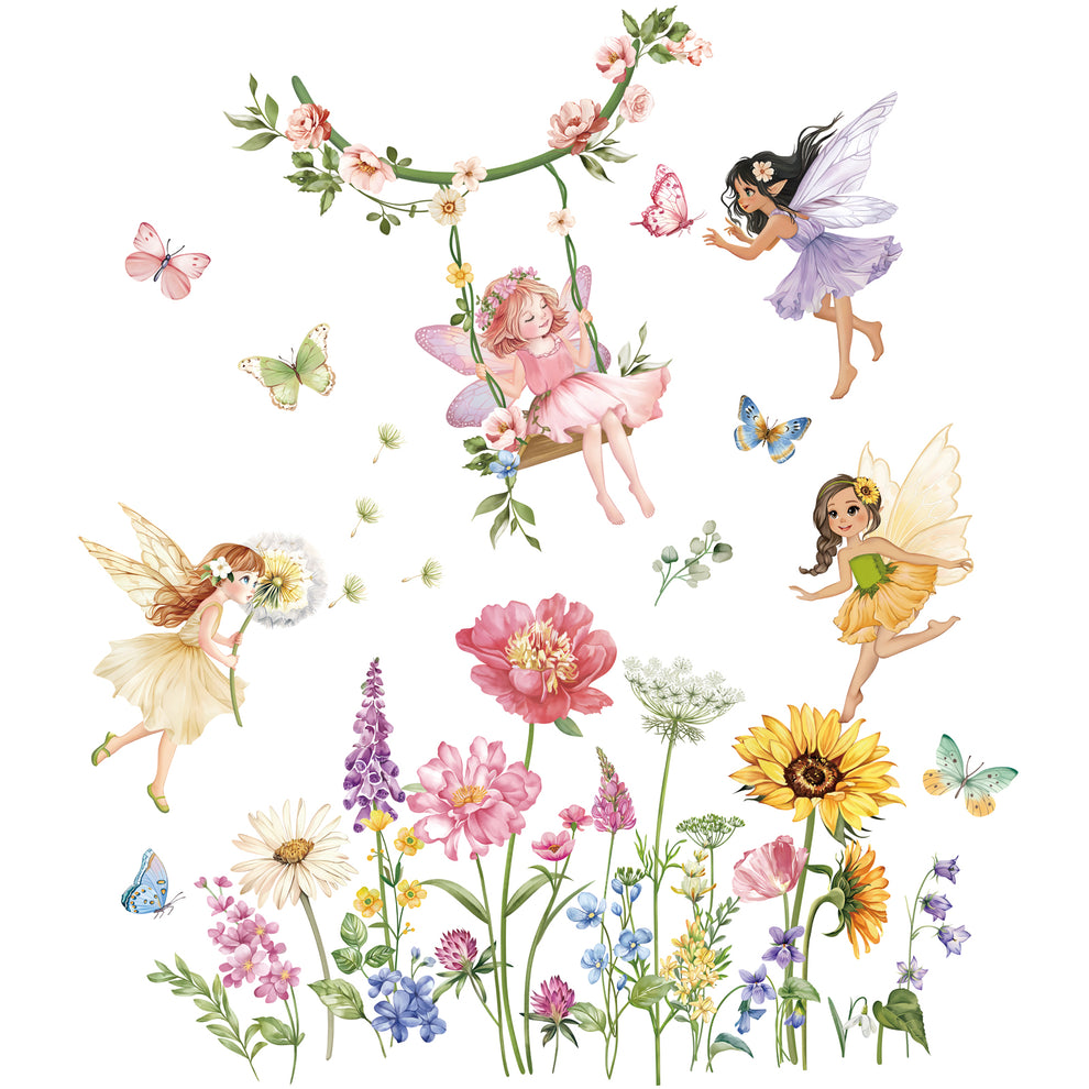 decalmile Flower Fairy Wall Decals Butterfly Girl with Wildflower Sunf ...